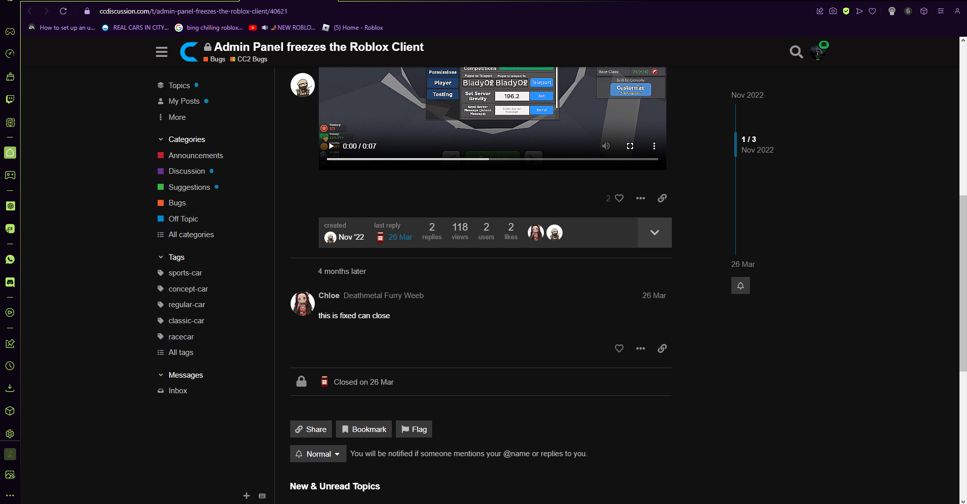 Roblox client STILL crashing when using admin panel - CC2 Bugs - Car ...